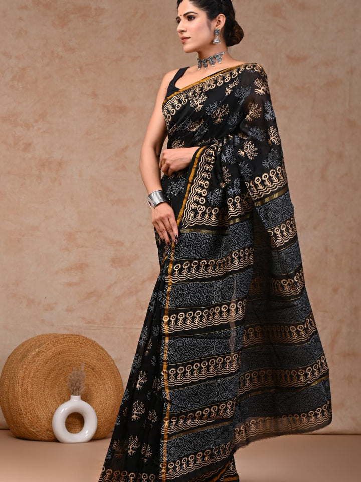 Royal Gold Print Chanderi Silk Saree with Zari Border – Wedding Collec ...